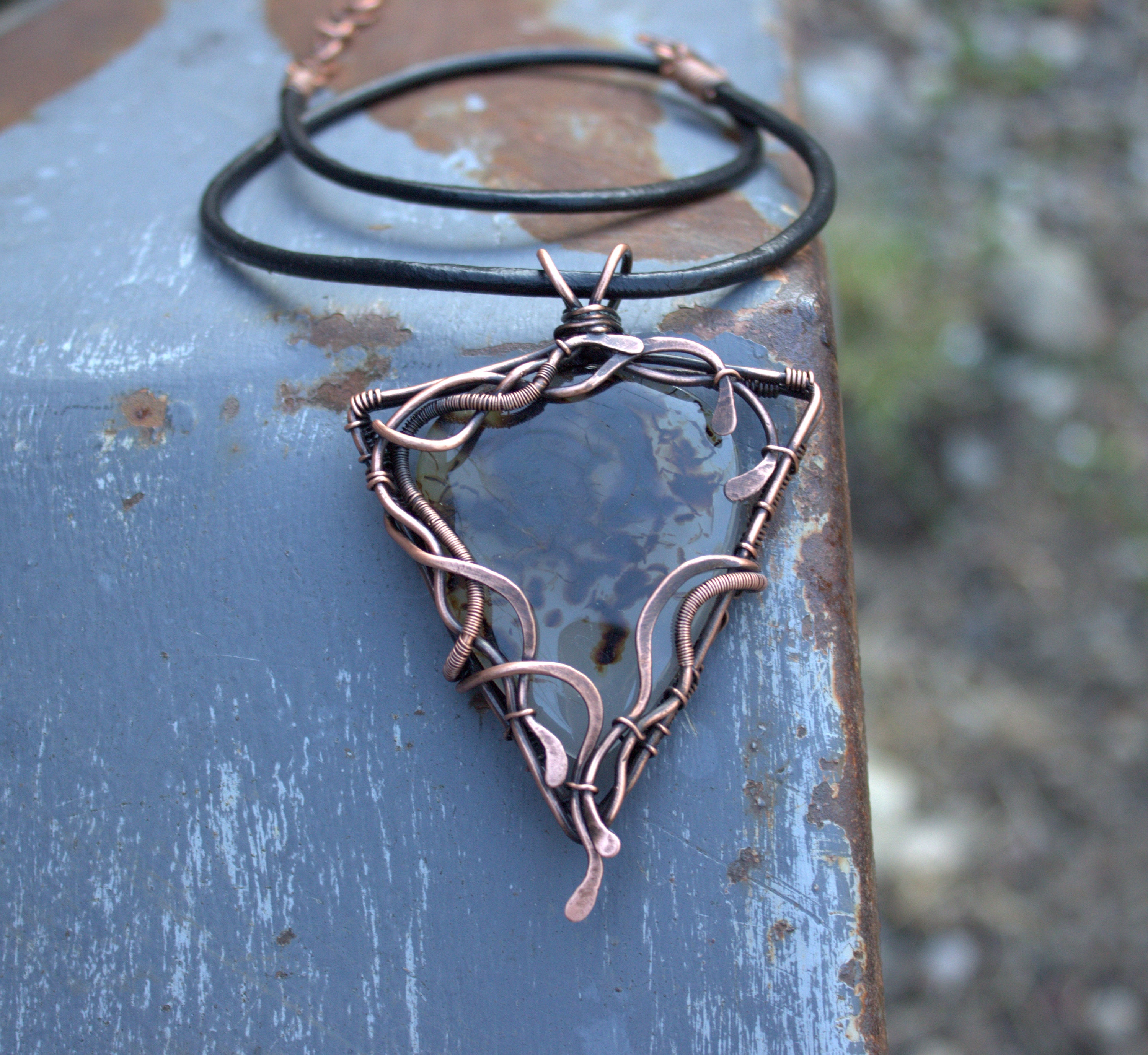 Triangle Wire Wrapped pendant with Montana Agate stone Copper | Etsy