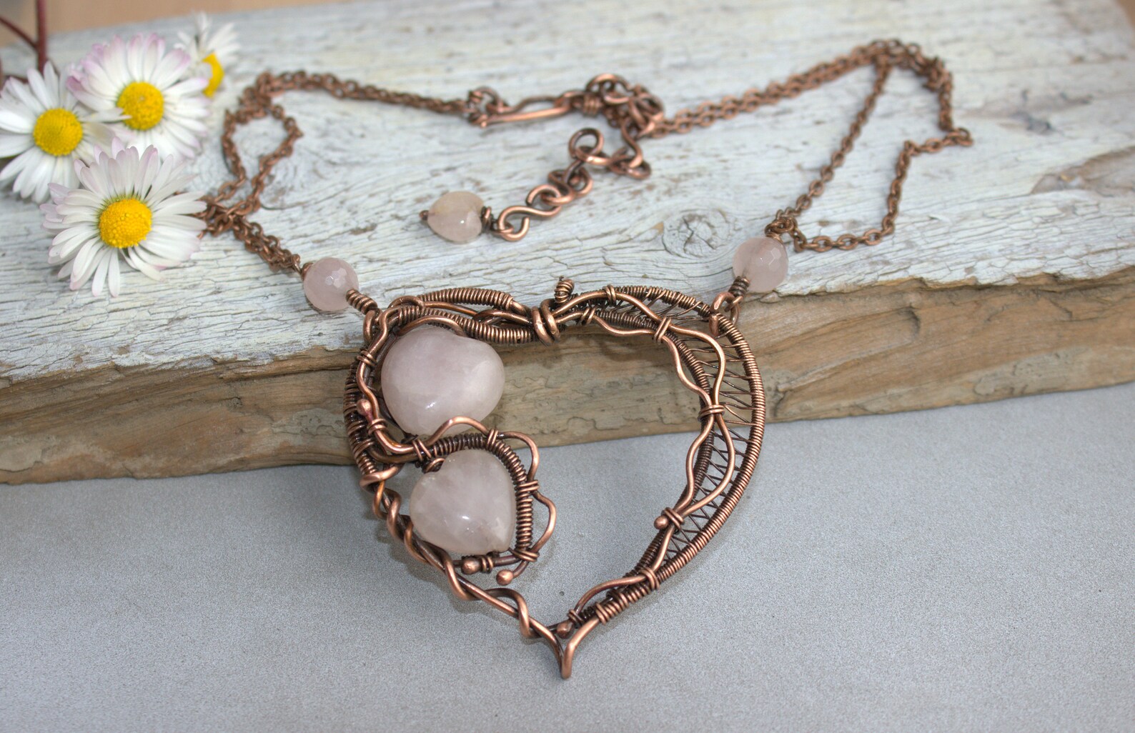 Heart Rose Quartz Necklace Copper Wire Wrapped Necklace | Etsy