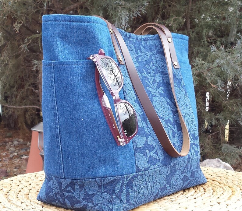 Denim Bag With Printed Denim Accents and Leather Straps, Denim Handbag ...