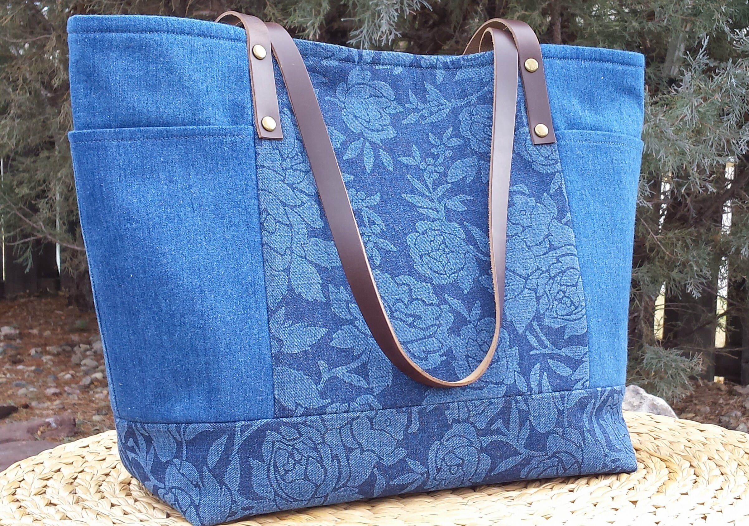 Denim Bag With Printed Denim Accents and Leather Straps Denim - Etsy