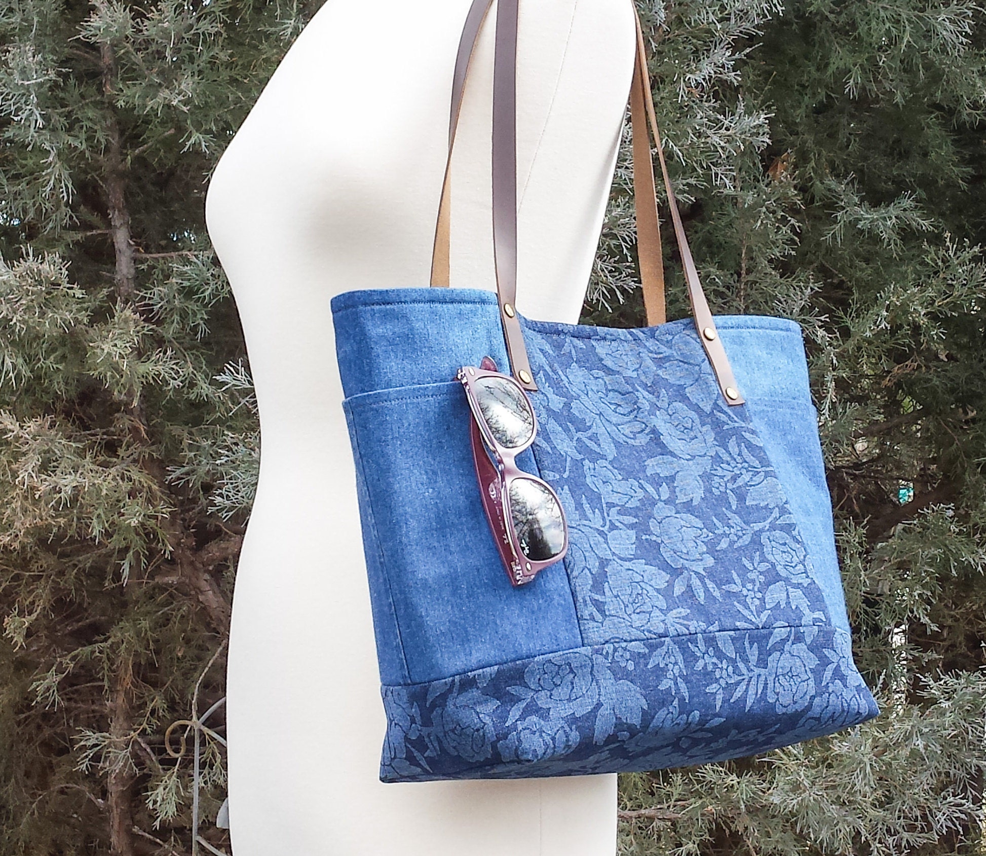 Denim Bag With Printed Denim Accents and Leather Straps Denim - Etsy
