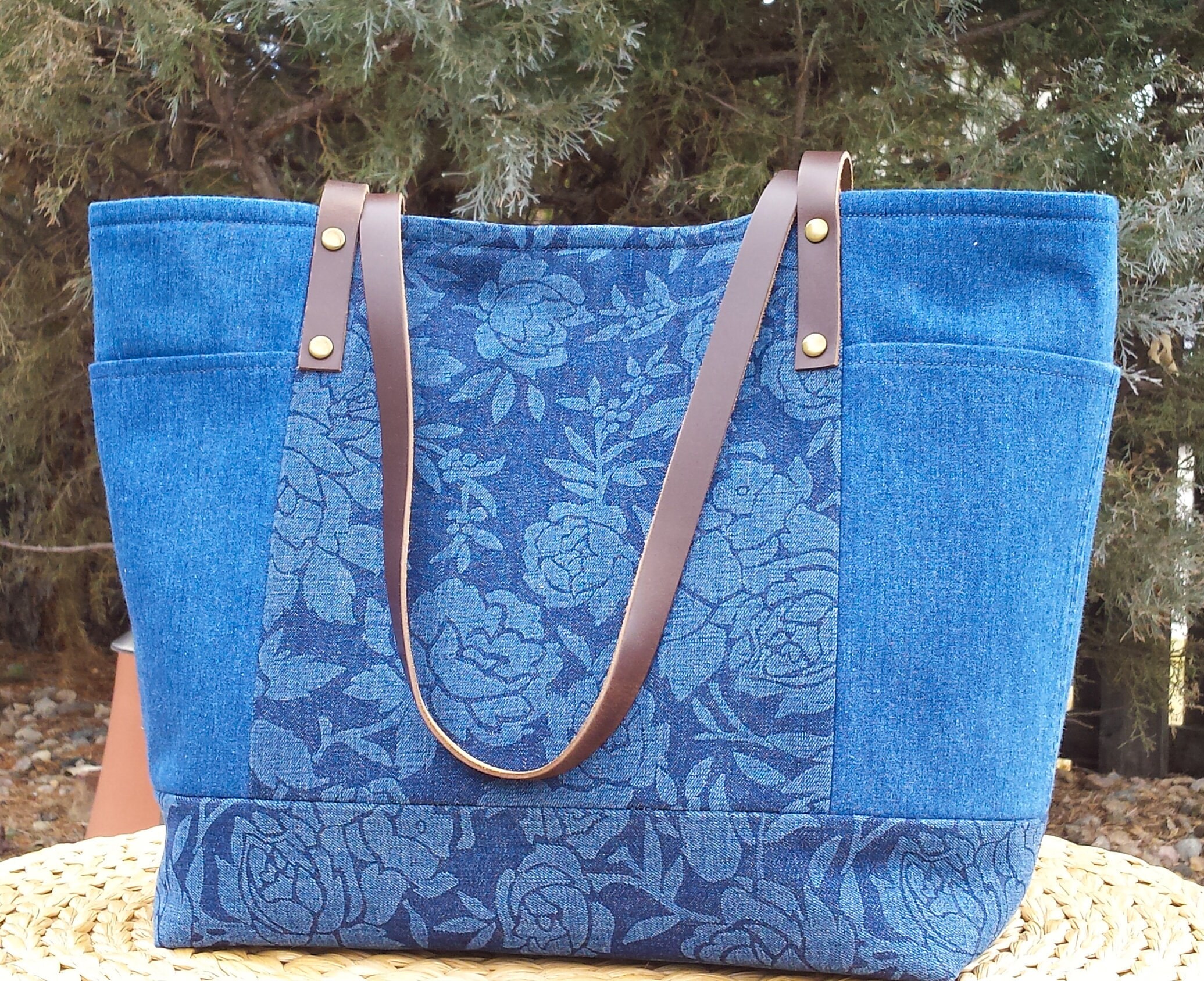 Denim Bag With Printed Denim Accents and Leather Straps Denim - Etsy