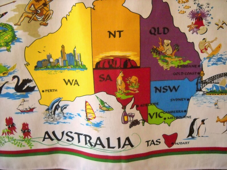 Vintage Souvenir Australia Map Tea Towel NOS | Etsy