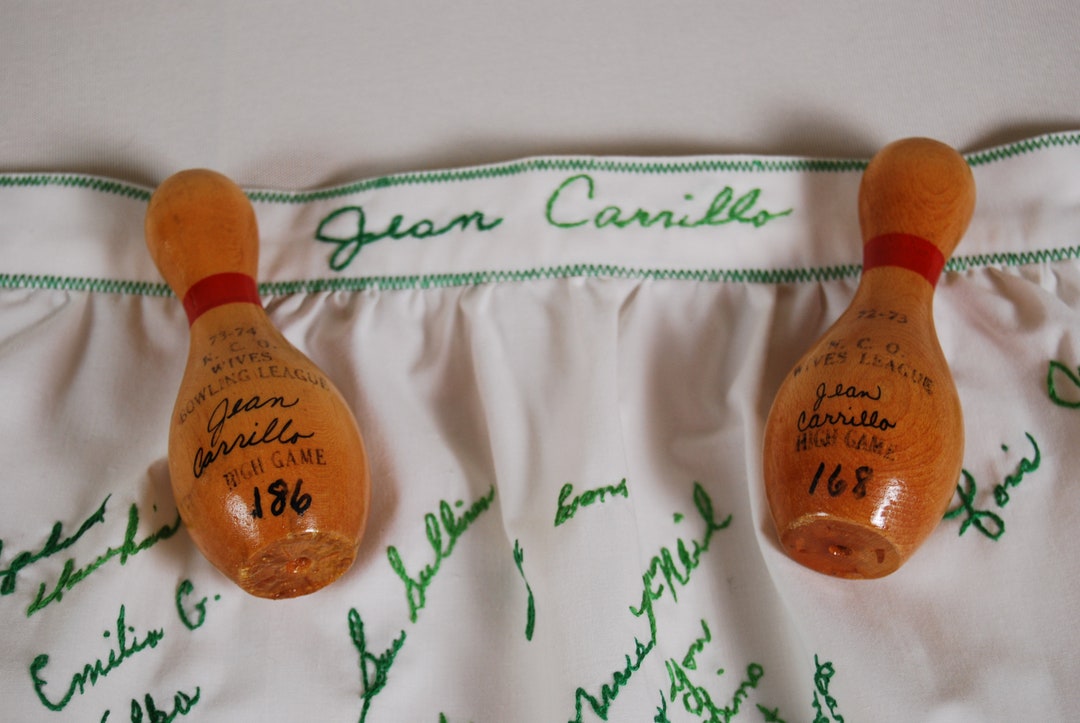 Vintage Embroidered White Half Apron and Bowling Pin Trophies, NCO ...