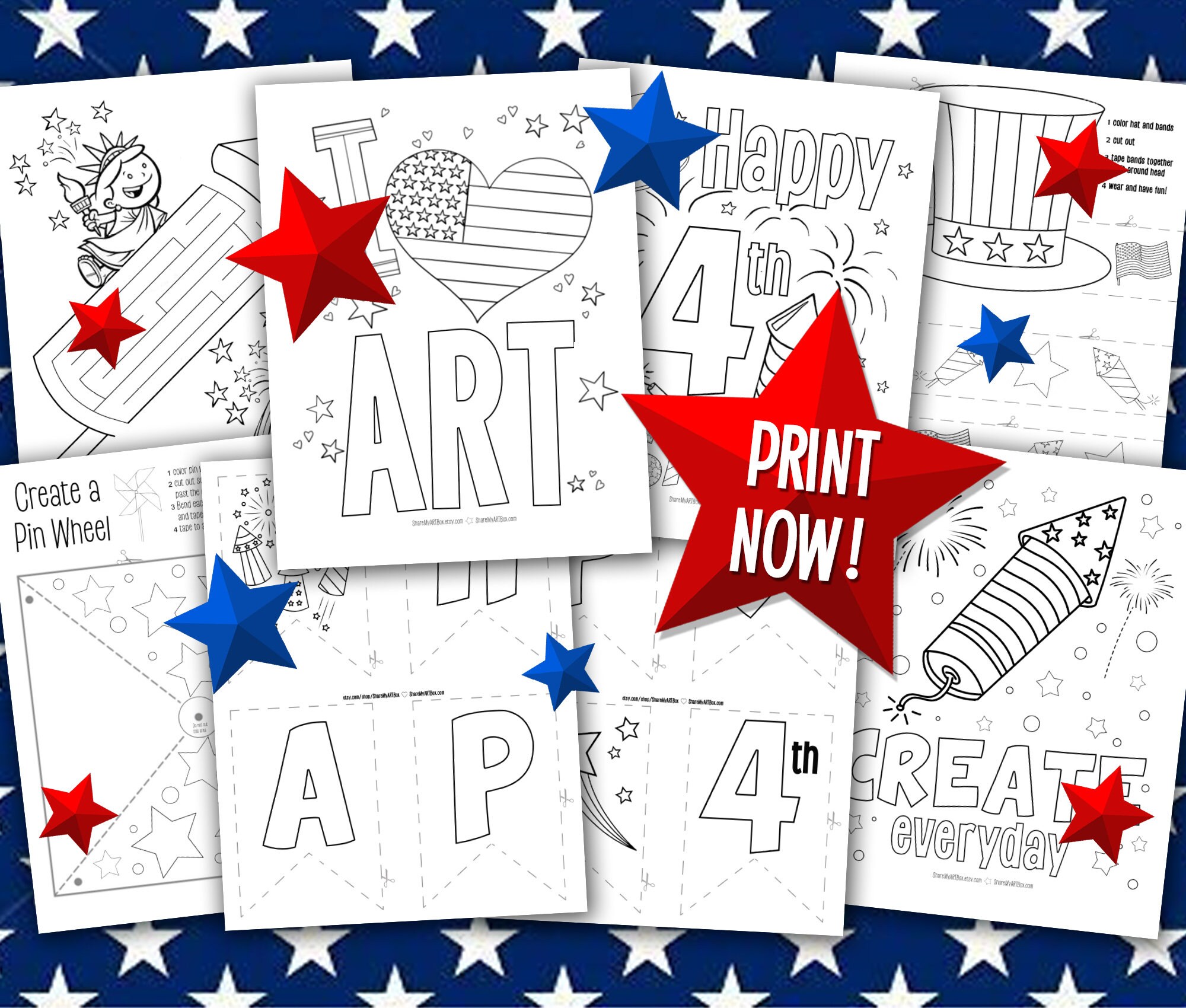 4TH of JULY Printable Kids Art Coloring Activity Pages, DIY Fourth of ...