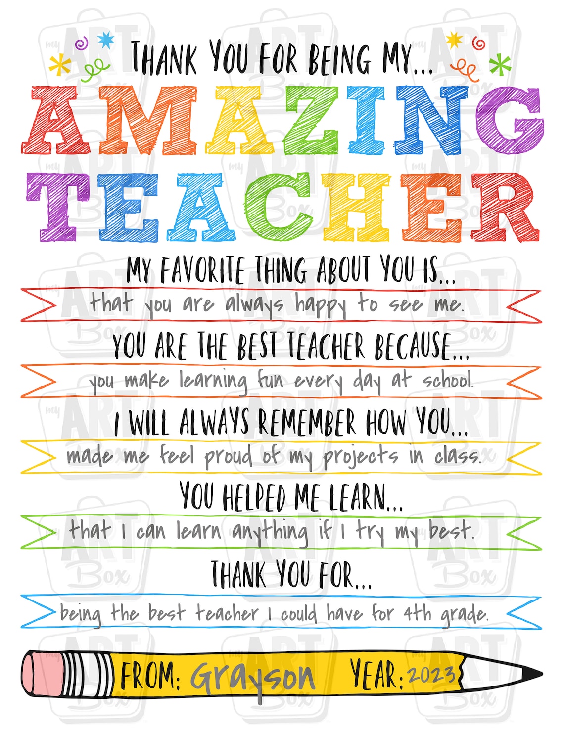 Teacher Appreciation Printable Personalized Teacher Gift Thank You ...