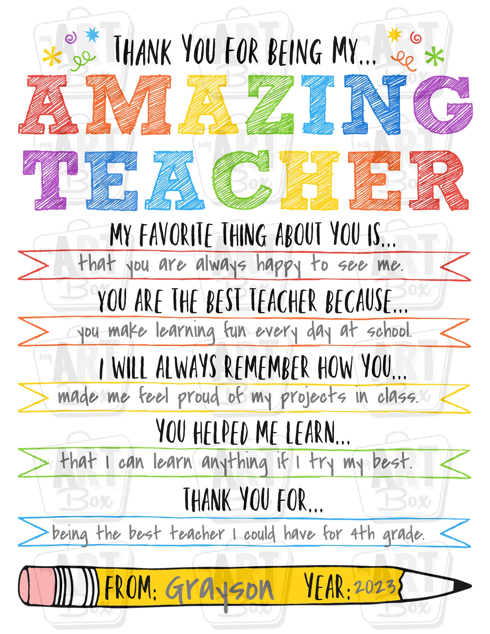 Teacher Appreciation Printable Personalized Teacher Gift Thank You ...