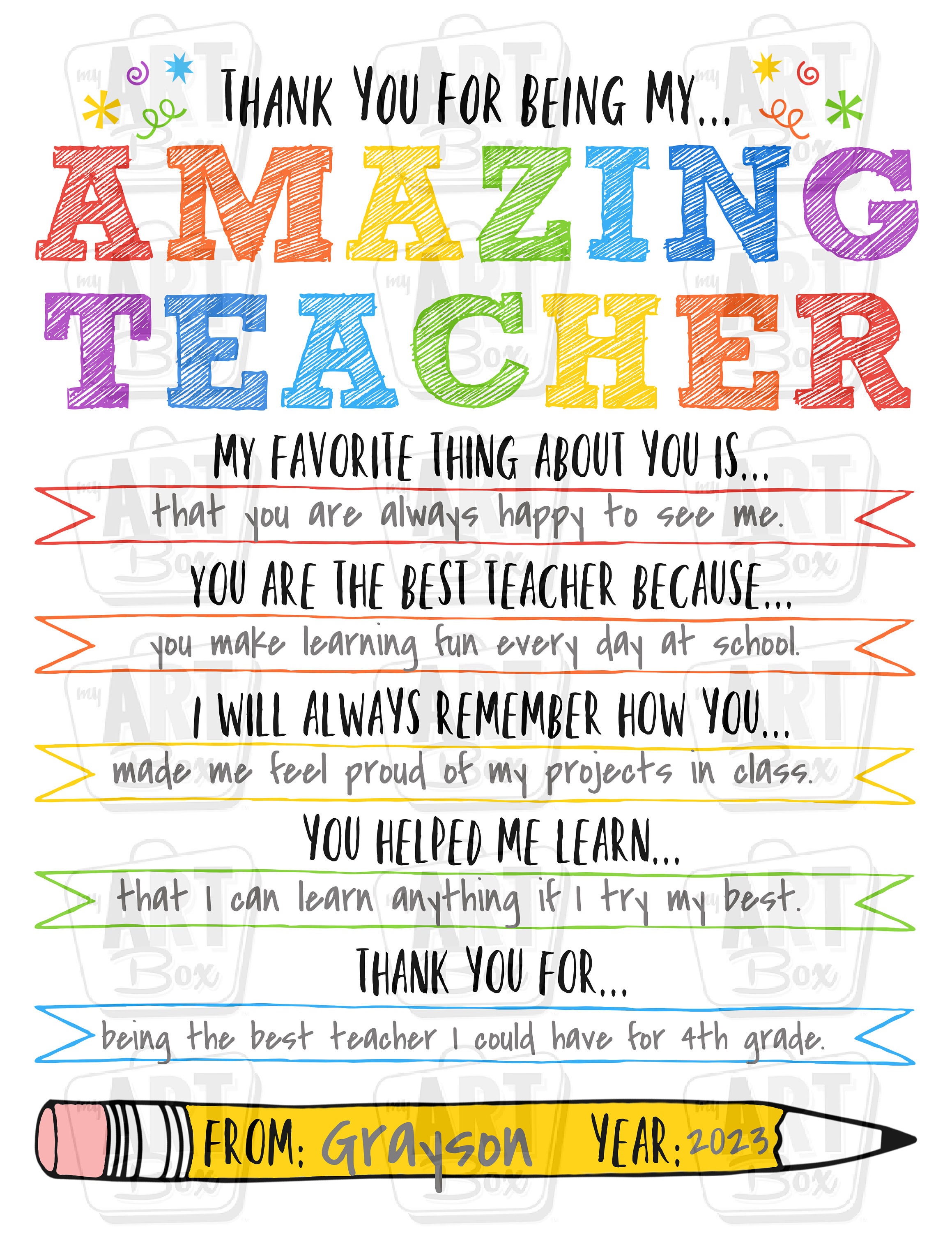 Teacher Appreciation Printable Personalized Teacher Gift Thank You ...