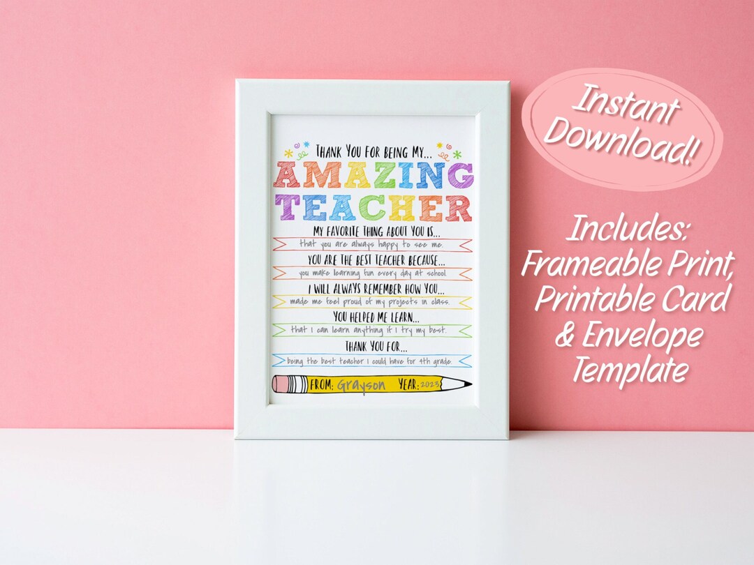 Teacher Appreciation Printable Card, Personalized Teacher Gift ...