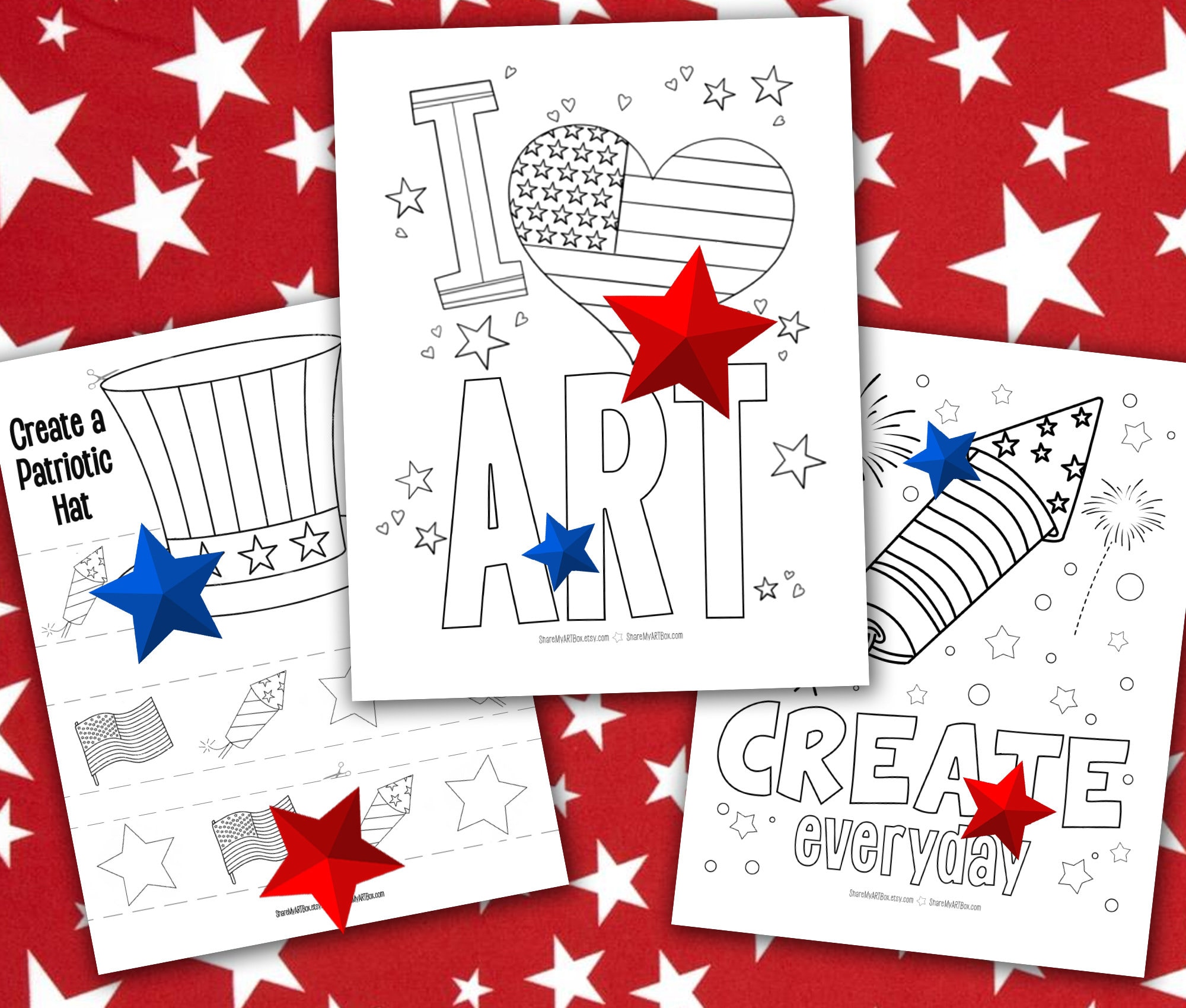 4TH of JULY Printable Kids Art Coloring Activity Pages, DIY Fourth of ...