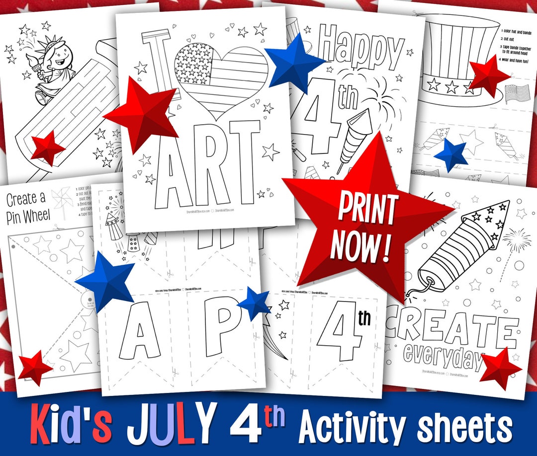 4TH of JULY Printable Kids Art Coloring Activity Pages, DIY Fourth of ...