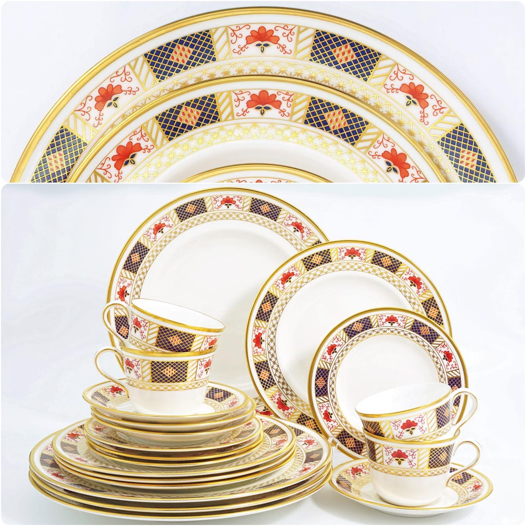 Royal Crown Derby Derby Border China Set for 4 Vintage Porcelain ...