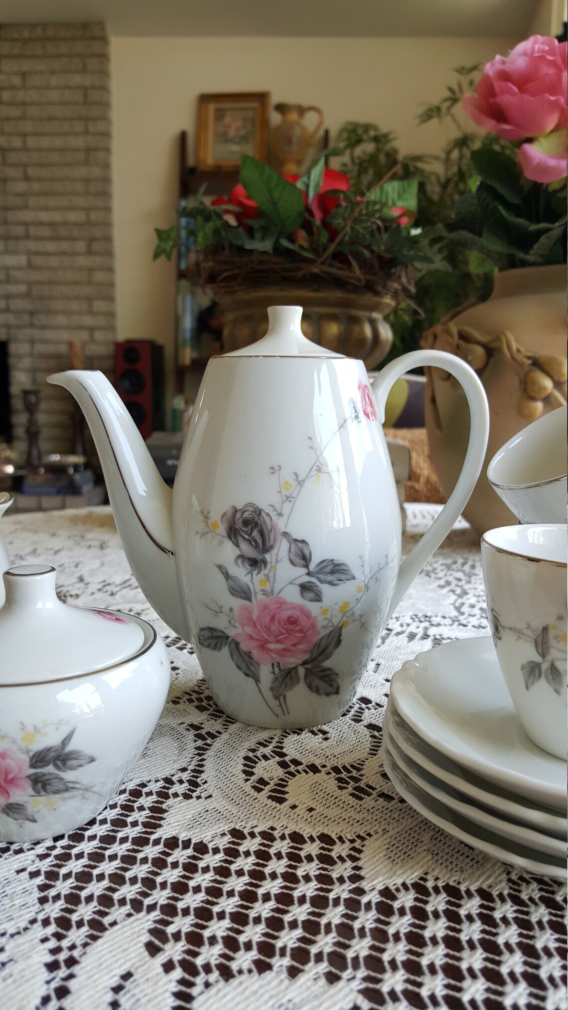 Children Tea Set Fine China Platinum Pink Roses Silver Trim | Etsy