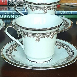 LENOX Lace Point Tea Cups China Set Floral Gray Band Platinum Trim ...