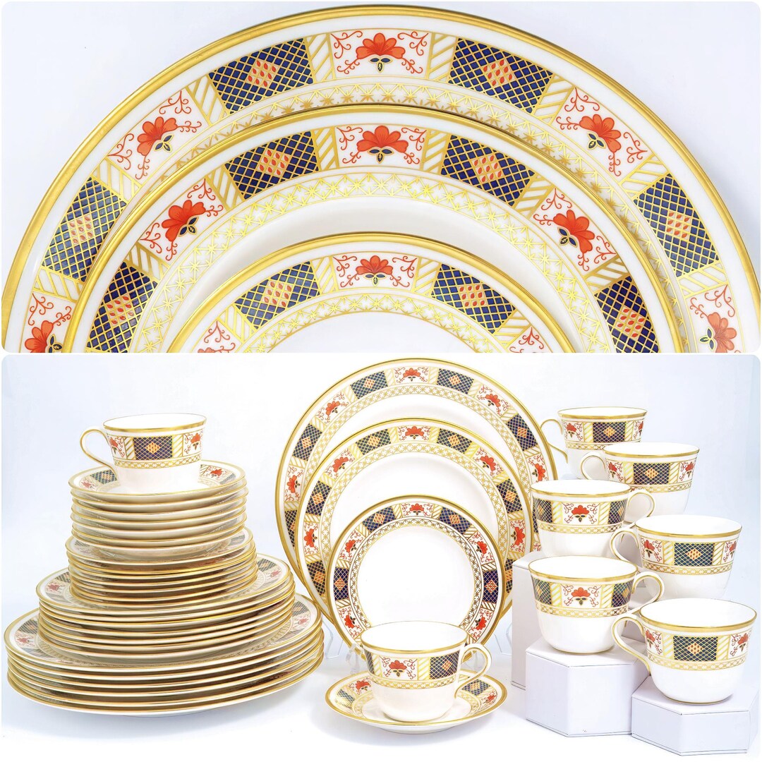 Royal Crown Derby Derby Border China Set for 8 Vintage Porcelain ...