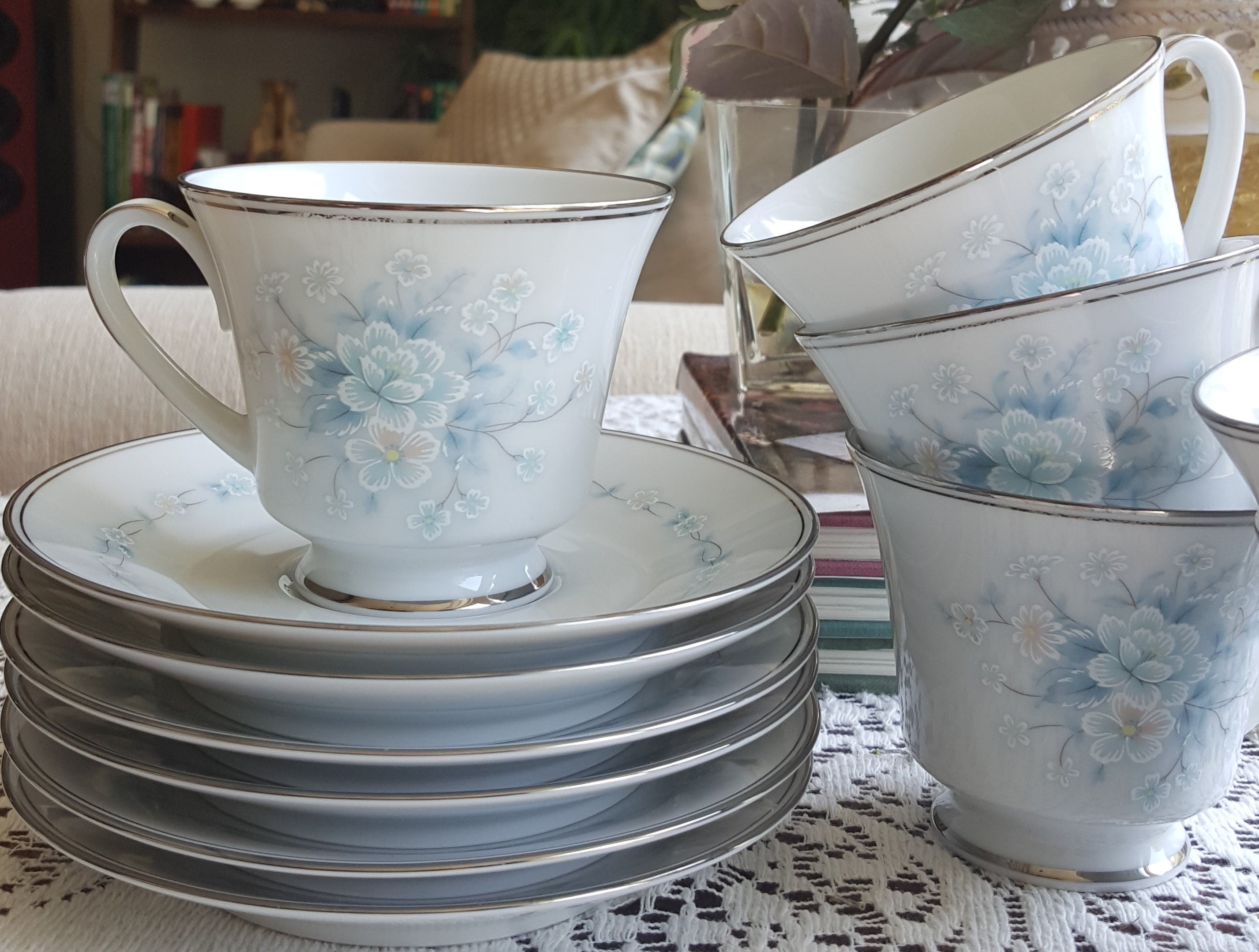 RESERVE FOR BARBARA Noritake Blue Beauty 6 Cup and Saucer China Pastel ...