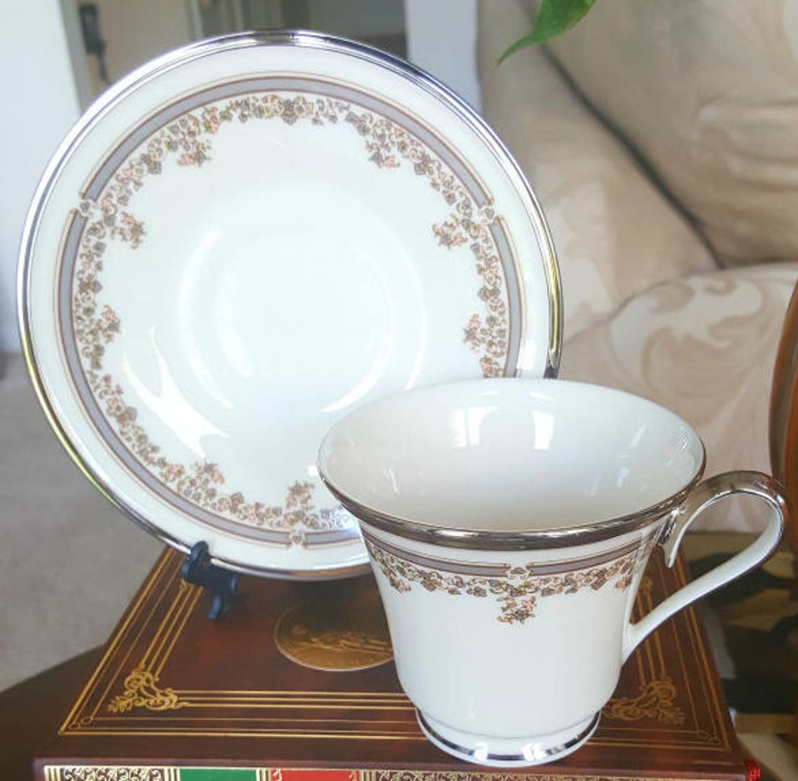 LENOX Lace Point Tea Cups China Set Floral Gray Band Platinum | Etsy