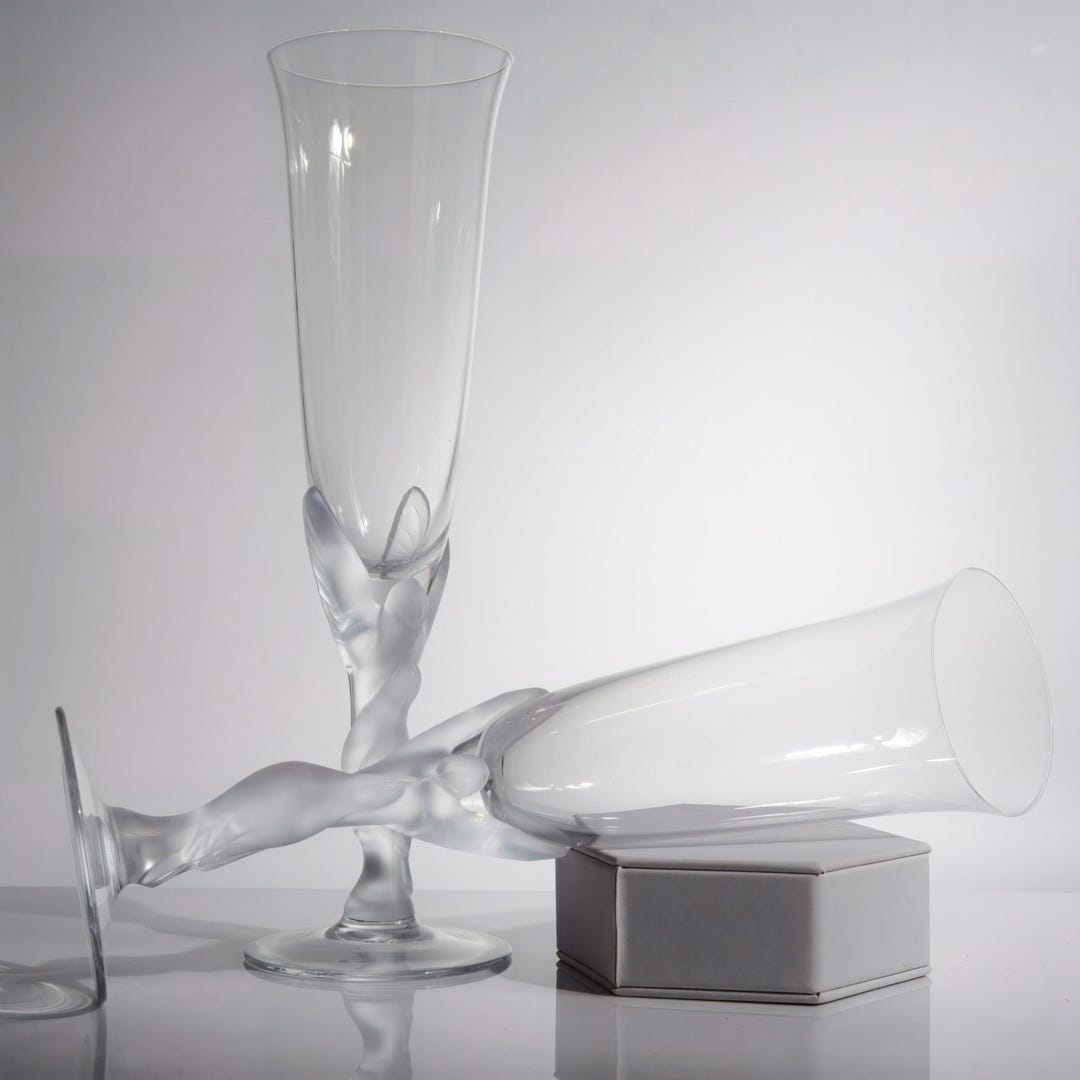 Unique French Champagne Flutes 2 Vintage Fabergé Kissing Doves Crystal ...