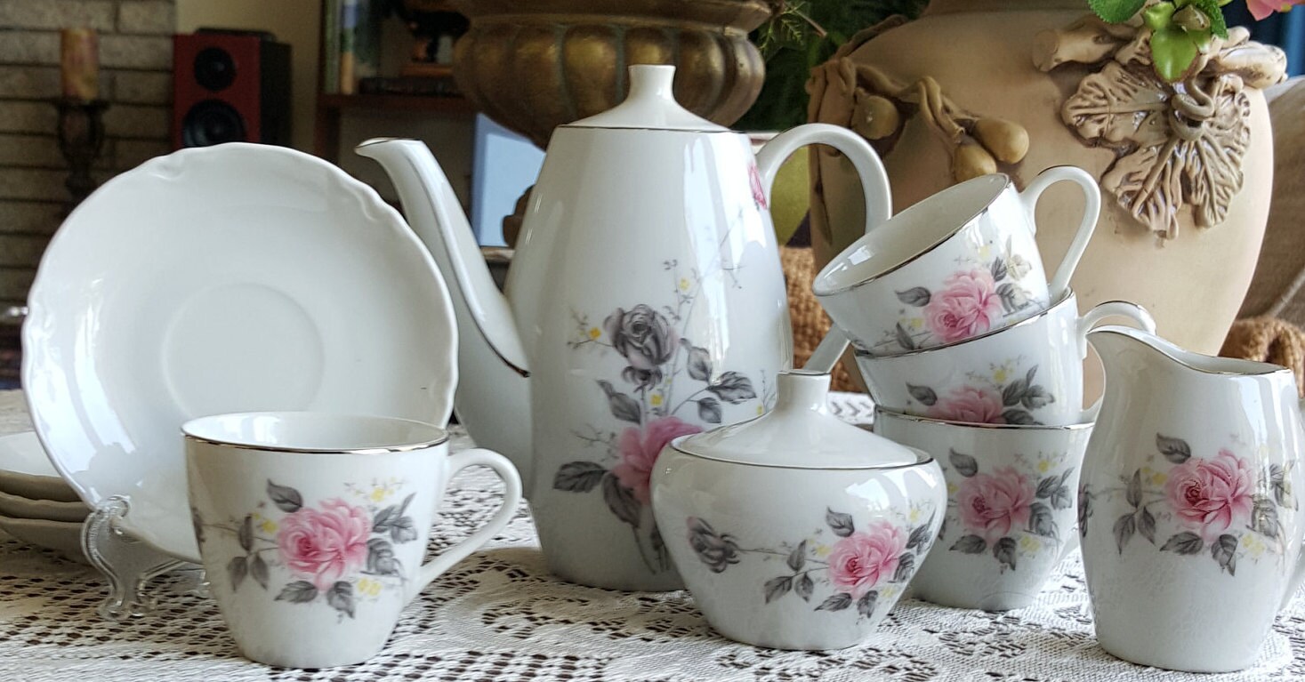 Children Tea Set Fine China Platinum Pink Roses Silver Trim | Etsy
