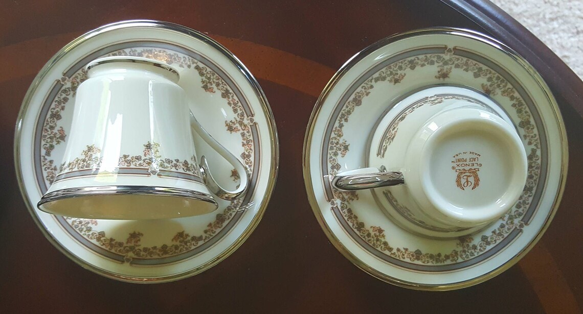 LENOX Lace Point Tea Cups China Set Floral Gray Band Platinum - Etsy
