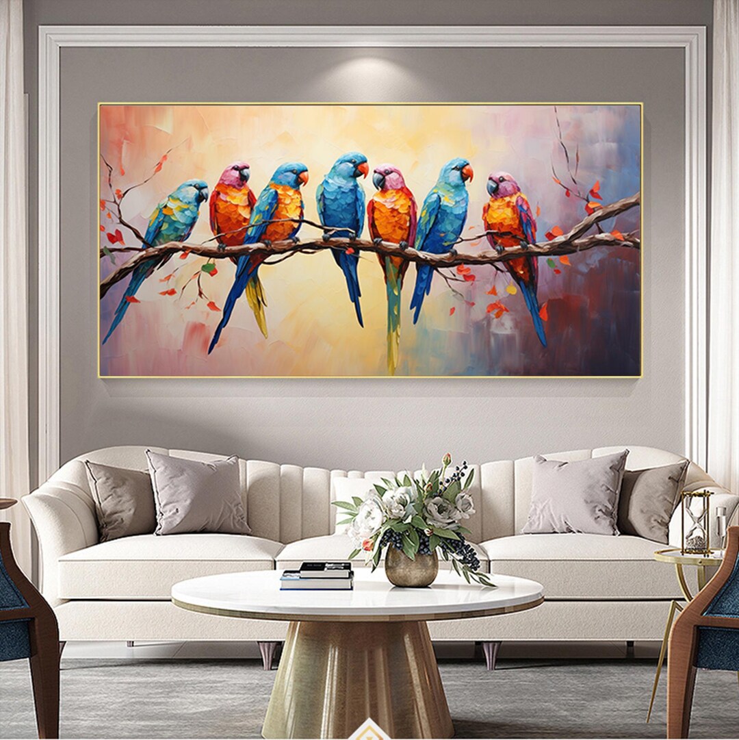 Palette Knife Parrots on Branches Painting, Original Modern Birds Wall ...
