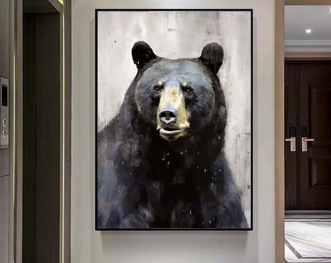 Large Abstract Black Bear Canvas Wall Art, Original Hand-painted Bear ...