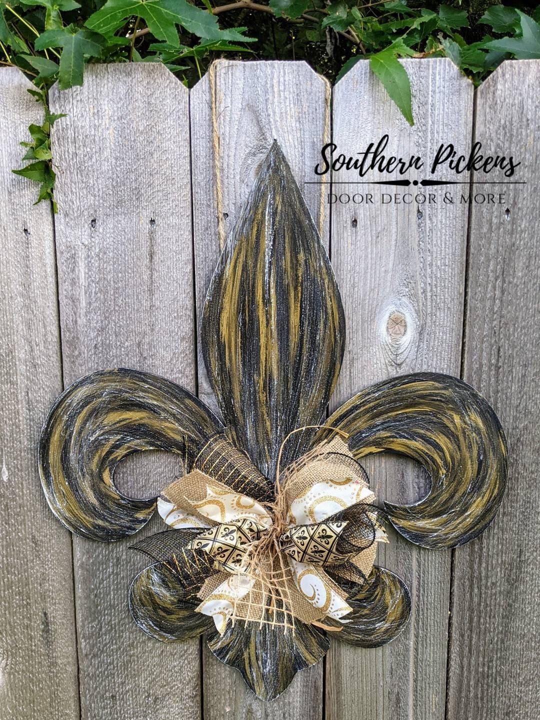 Fleur-de-lis Door Hanger | Black and Gold Fleur-de-lis | Distressed ...