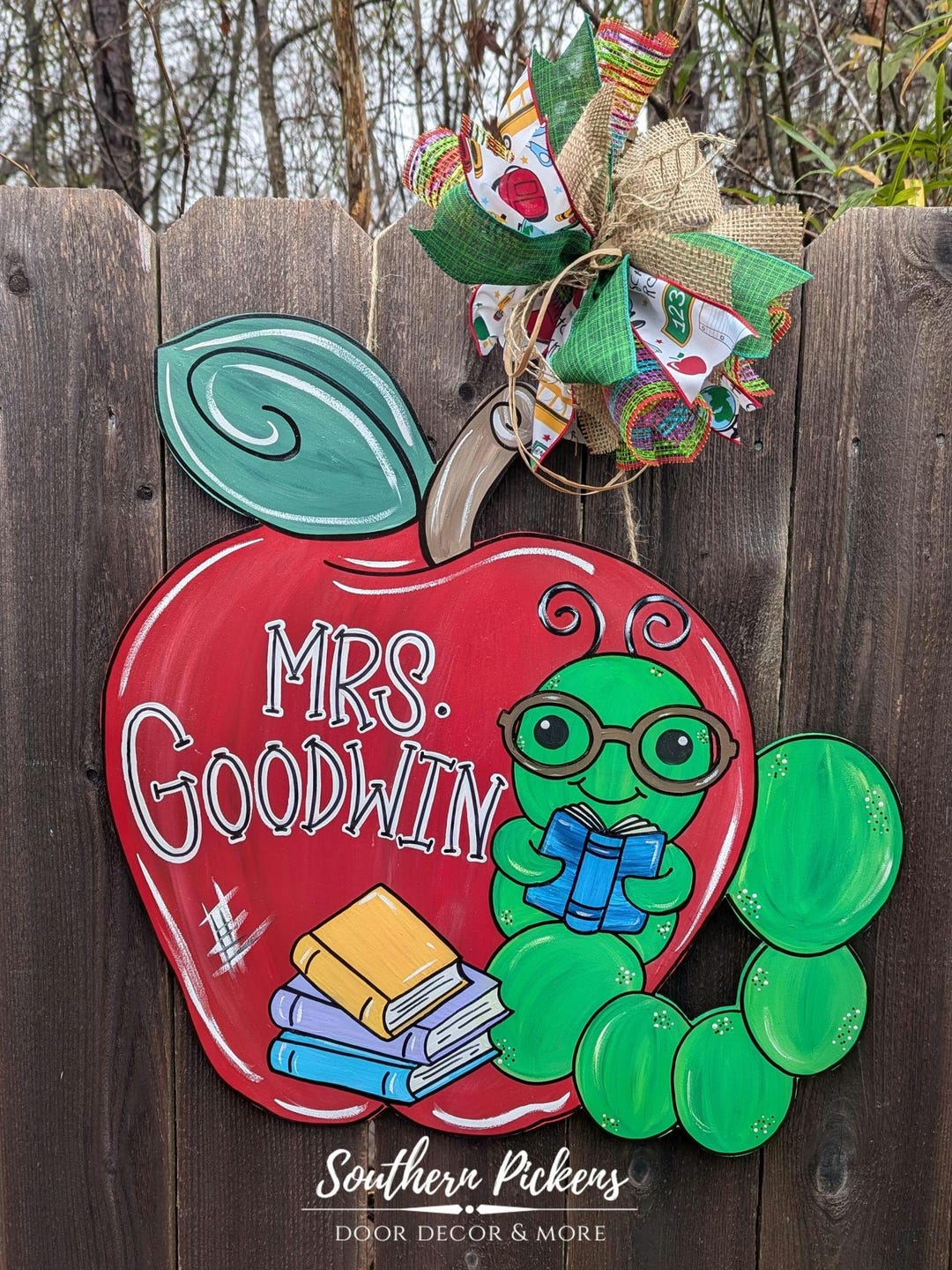 Apple & Bookworm Teacher Door Hanger – Custom Name – Classroom Decor ...