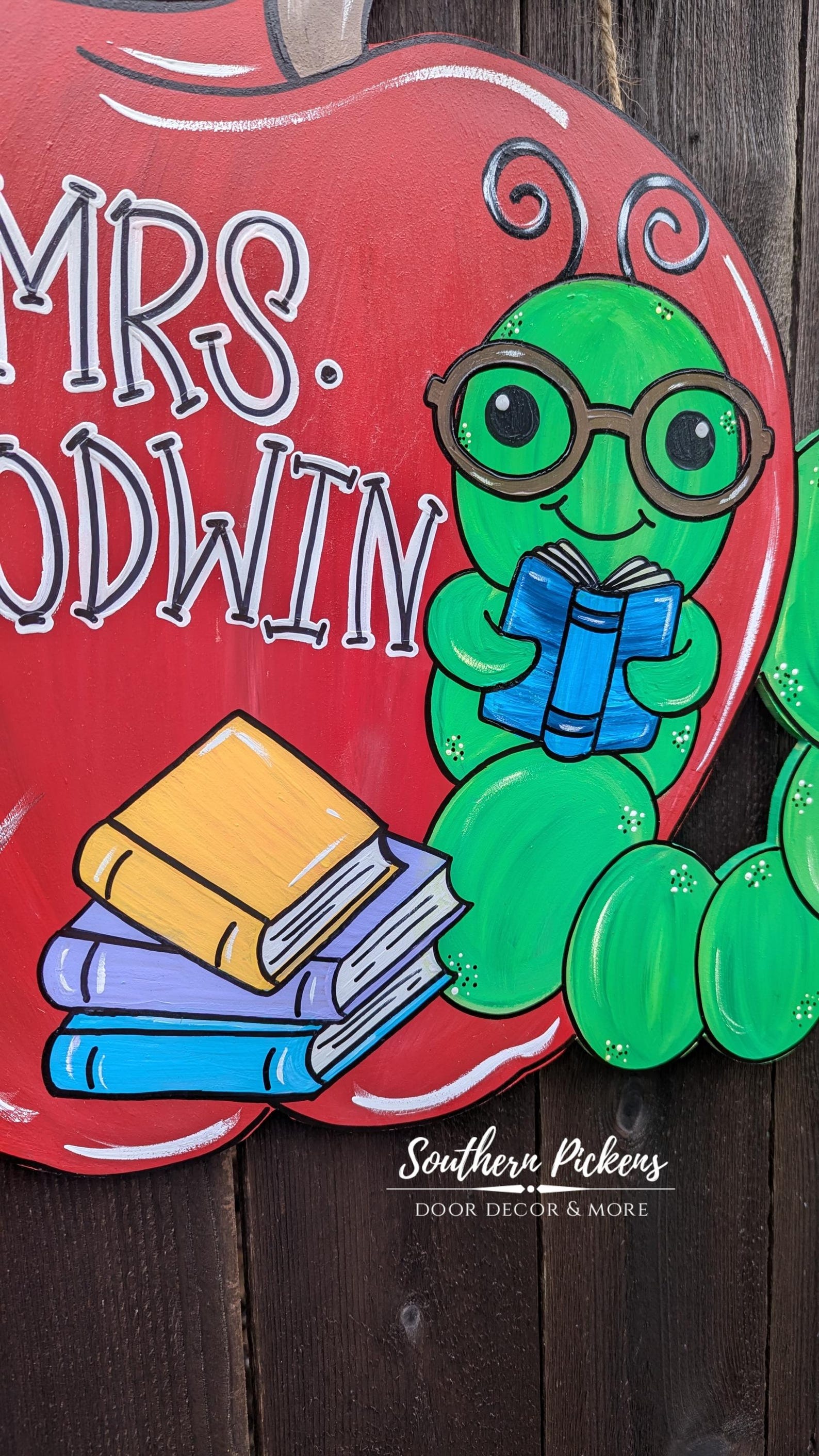 Apple & Bookworm Teacher Door Hanger – Custom Name – Classroom Decor ...