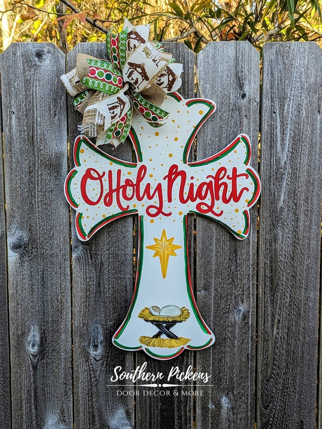O Holy Night Manger Nativity Cross Baby Jesus Christmas Door Hanger ...