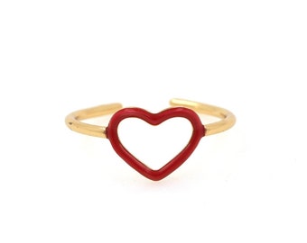 18-19mm 24k Shiny Gold Heart Rings, Red Enamel Heart Ring, Stacking Heart Rings, Women's Rings ...