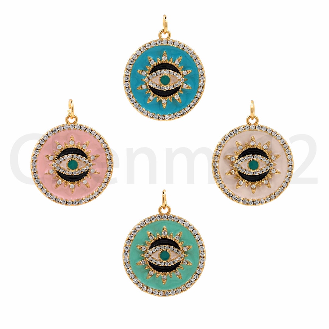 Round Coin Pendant, 18K Gold Filled Eye Pendant, Micropavé CZ Evil Eye ...