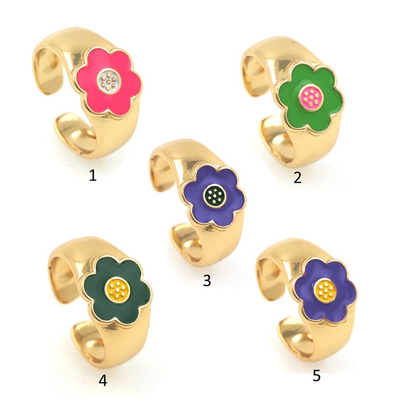 Enamel Flower Ring, 18K Gold Filled Plant Ring, Open Ring, Enamel Ring ...