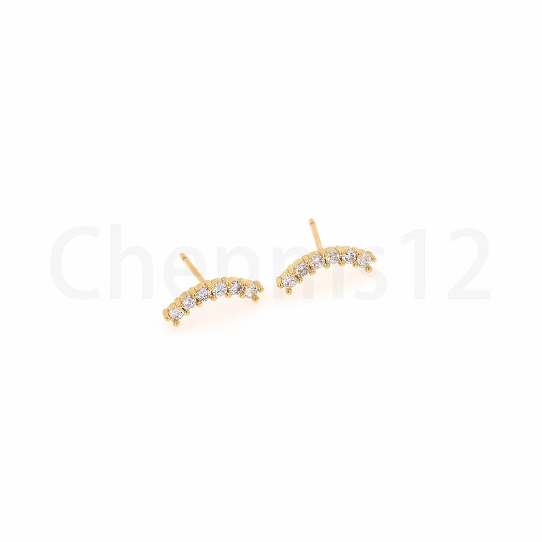 Micropavé CZ Dainty Earrings, Bridge Earrings, Curved Earrings, 18K ...