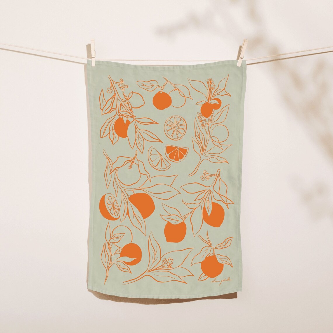 Linen Clementine Tea Towel, Fruit, Oranges, Summer, Sage Green ...