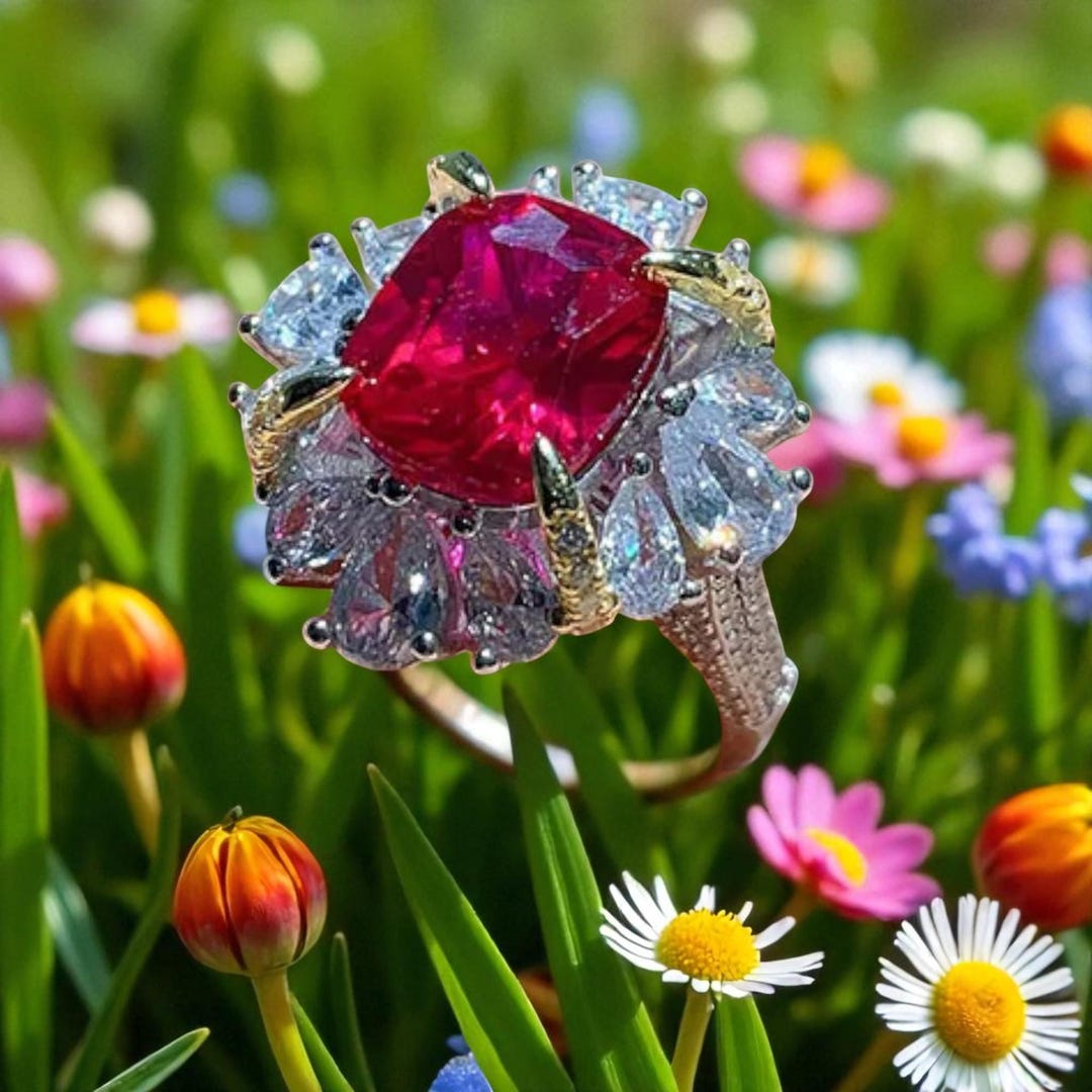 Ruby Flower Cocktail Ring: Lab-grown Gemstone, Diamond Accents - Etsy