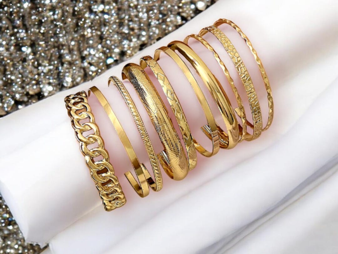Gold Bangle Set, 10 Piece Stackable Bracelets, Boho Silver Bangles ...