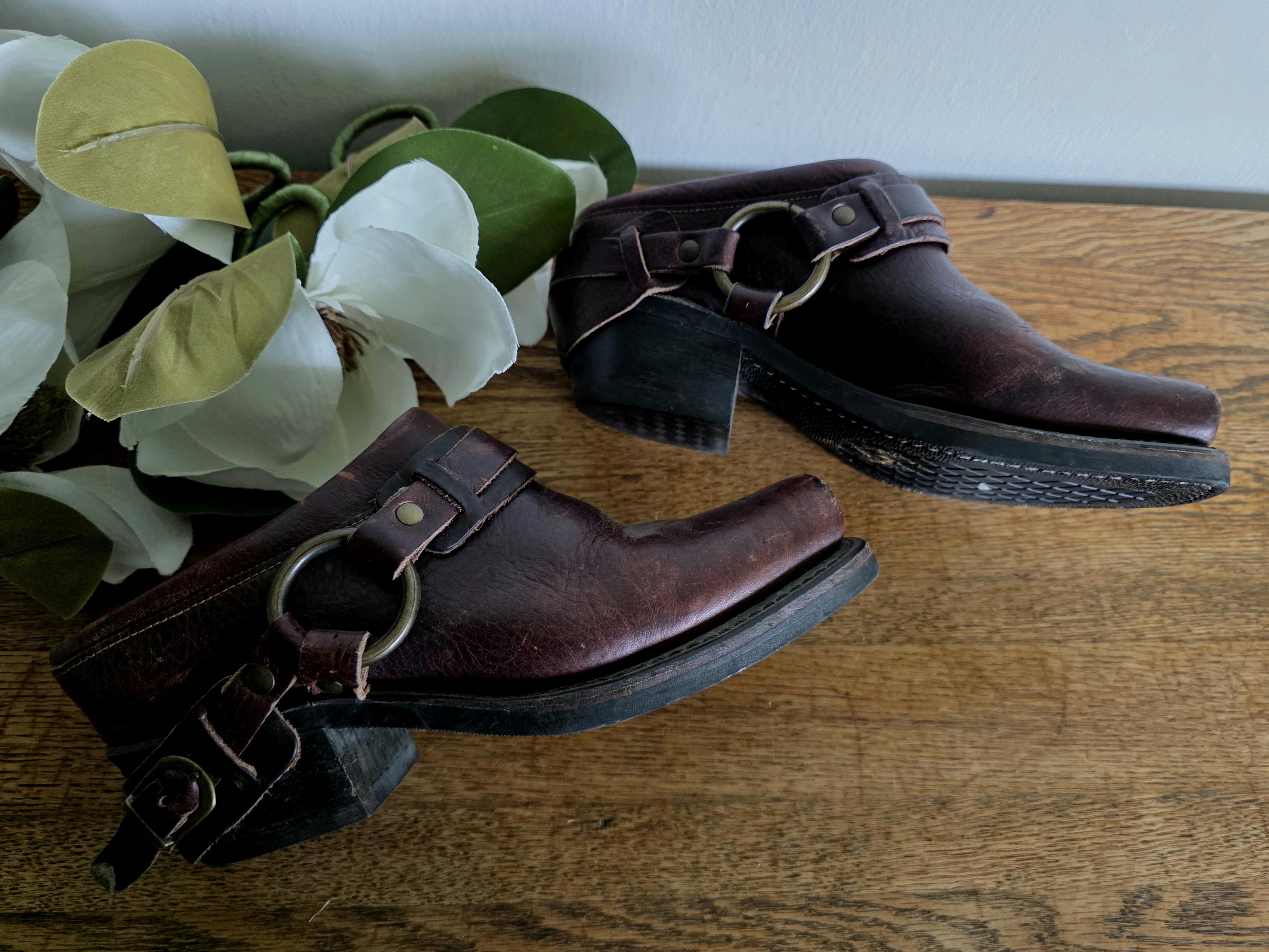 Vintage Frye Mule Clog Boots Shoes Dark Brown Leather Belted Harness ...