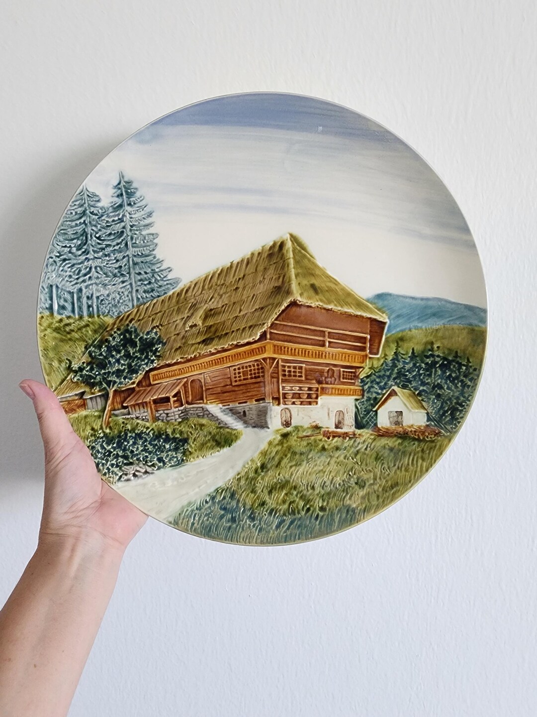 Vintage Majolica Highmount M.B.D. Wall Plate Thatched Roof Chalet ...
