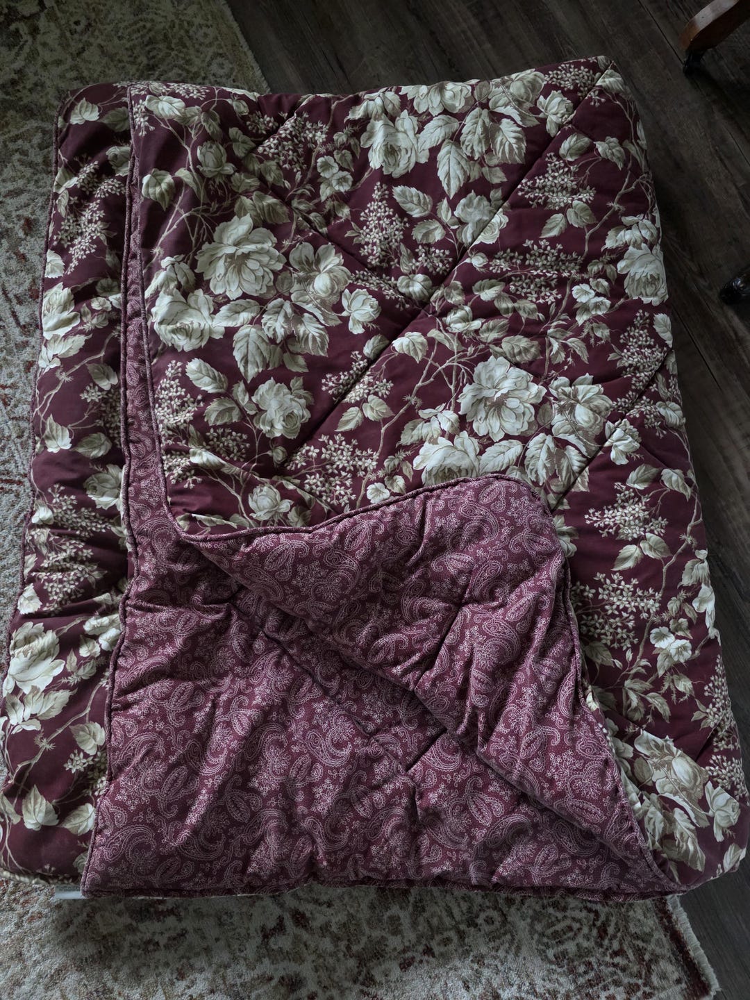 Vintage Laura Ashley Brompton Comforter Burgundy White Floral Roses ...