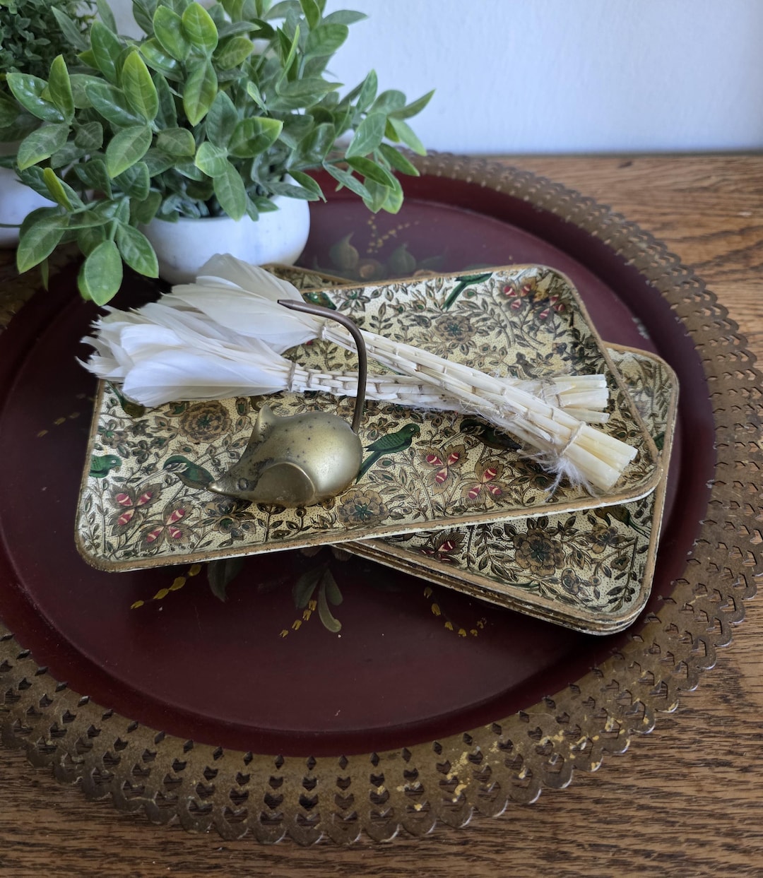 Vintage Set of (4) Alfred E. Knobler Alcohol Proof Paper Mache Floral ...