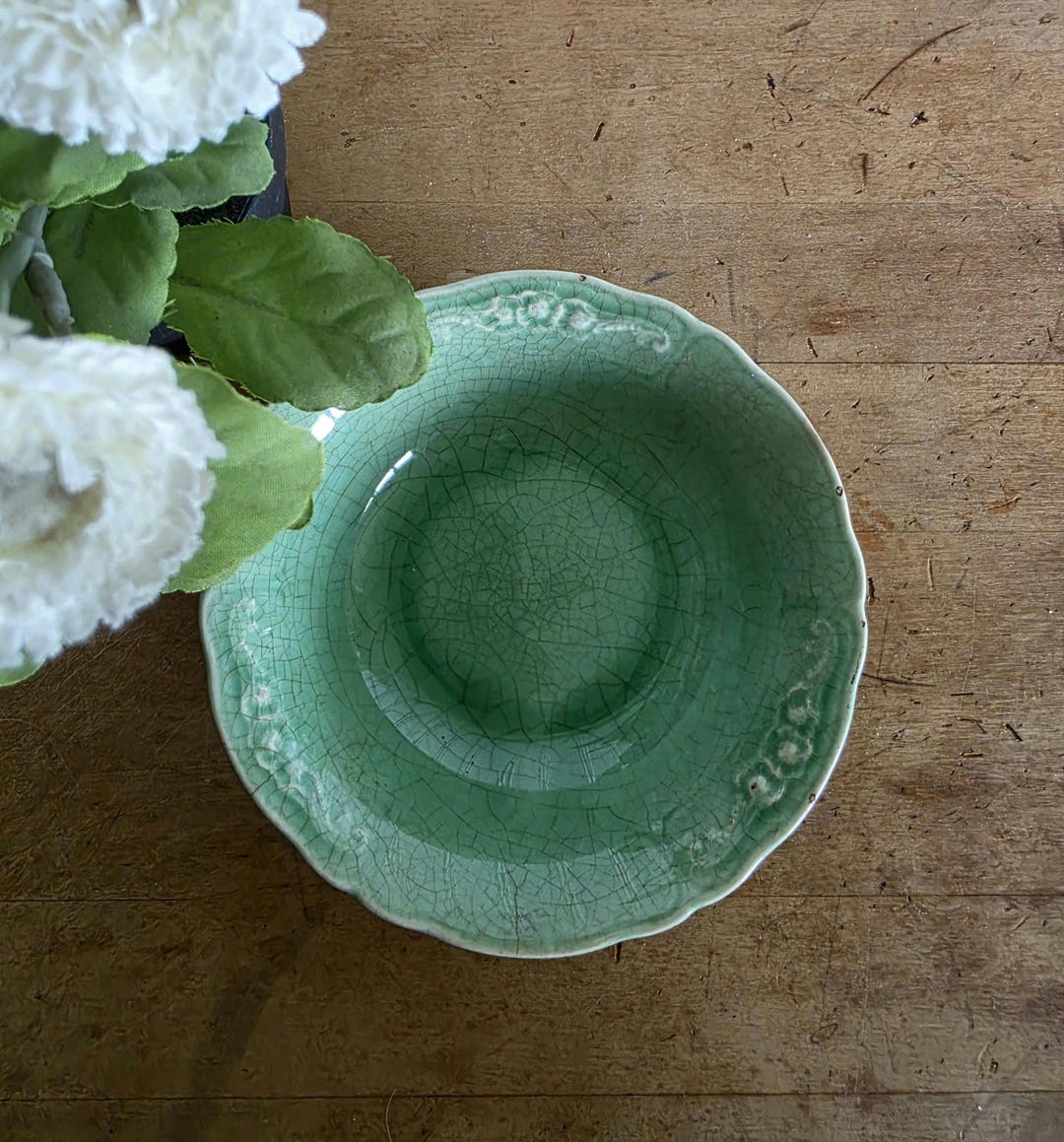 Antique Nile French Country Cottage Jade Green Floral Embossed Crazed ...