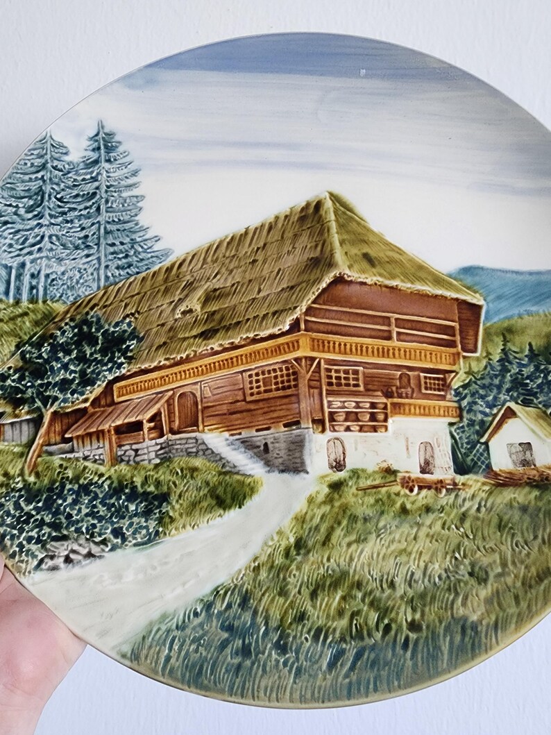 Vintage Majolica Highmount M.B.D. Wall Plate Thatched Roof Chalet ...