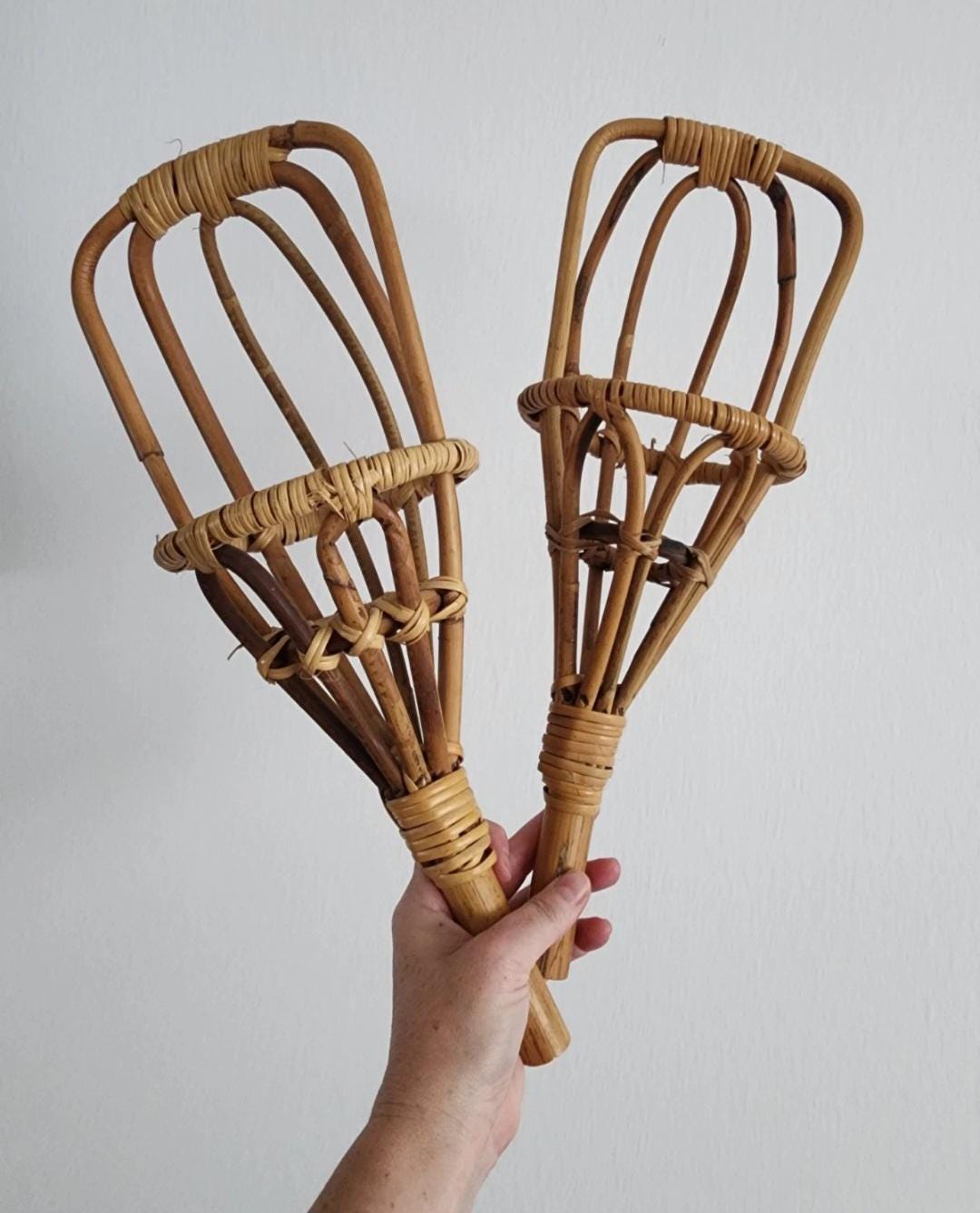 Pair (2) Vintage Boho Woven Bamboo Rattan Wall Decor Scoop Ball Racket ...