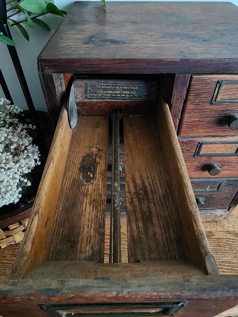 Antique Solid Oak the Globe Card Index File Apothecary 6 Drawer Index ...
