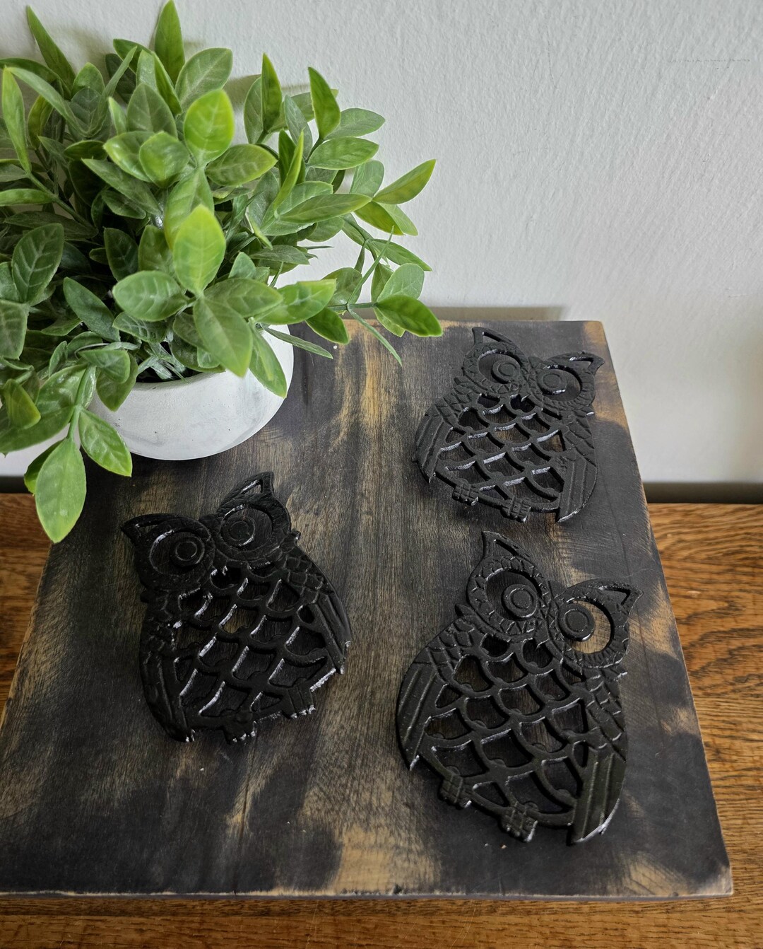 Vintage 70s MCM Style Set of (3) Cast Iron Black Metal Mini Owl Kitchen ...