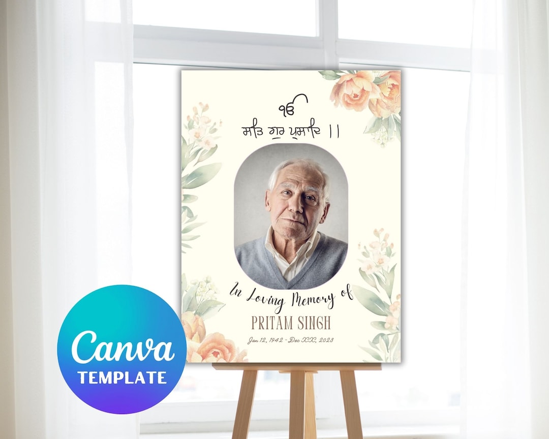 Sikh Funeral Memorial Photo Sign Poster,canva Template, Light Peach ...