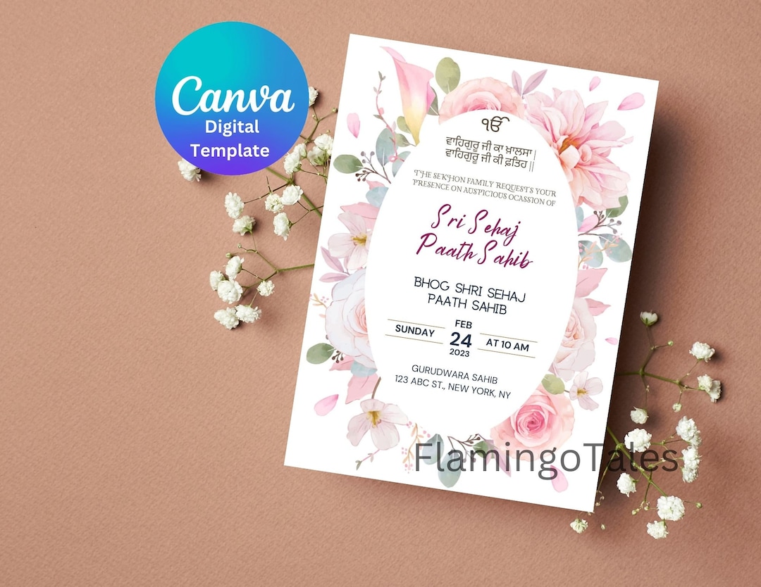 Sri Sehaj Paath Invitation, Pretty Pink Flowers Canva DIY Template ...