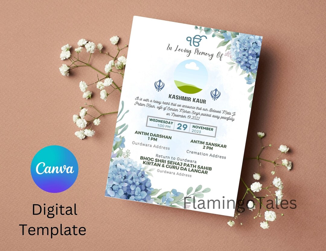 Sikh Funeral Invite, Punjabi Funeral Invitation Template, Sikh Memorial ...
