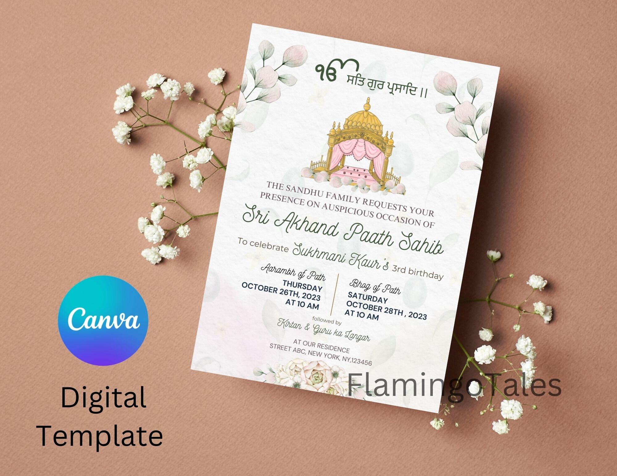 Sri Akhand Paath Invite Canva Template,sikh Invitations,pastel Pink ...